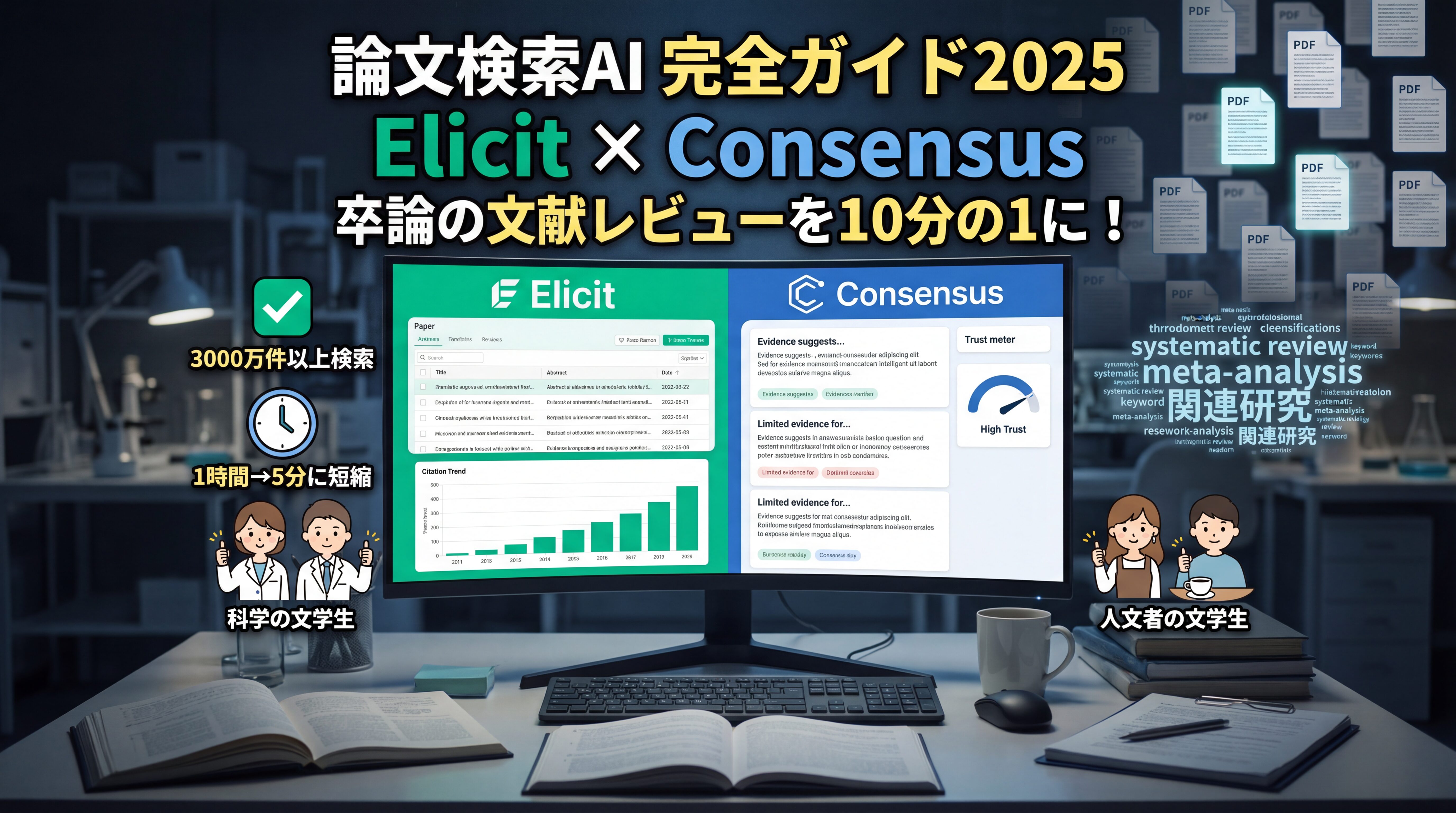 論文検索AI『Elicit』『Consensus』完全ガイド2025！卒論の文献レビューを効率化する使い方【理系・文系別】